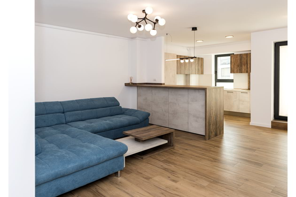 Mobila Bucatarie pe colt, cu insula, unita cu Living-Room, 10m², L 843 ...