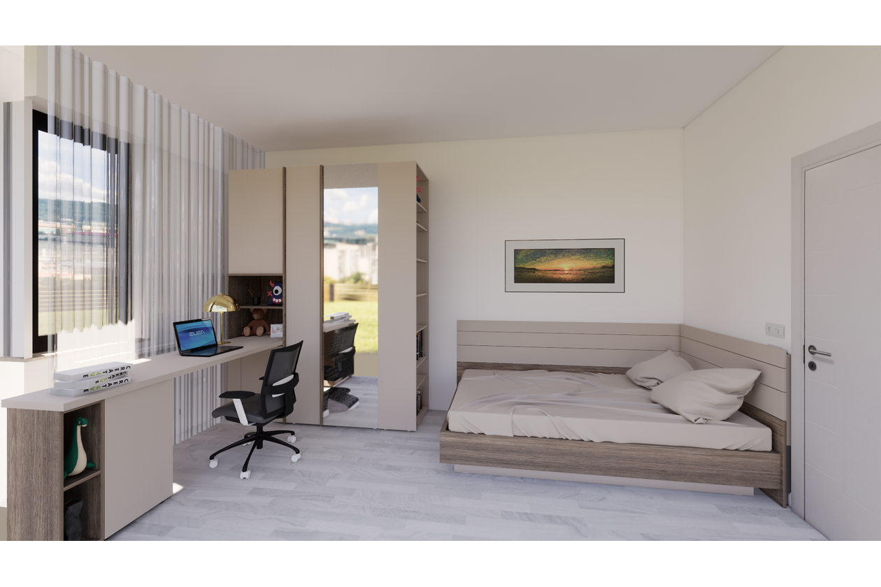 Proiect mobila Camera junior Adolescent, cu pat pe colt, birou integrat ...