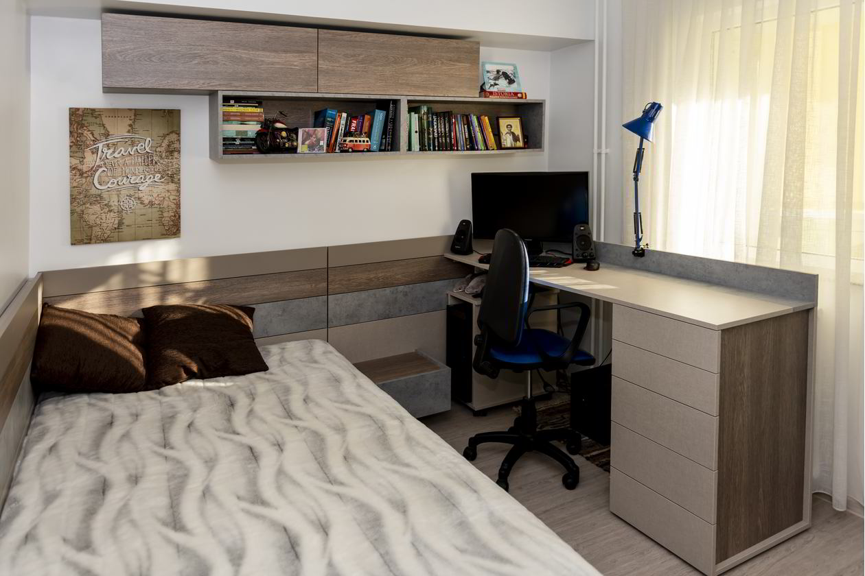 Proiect mobila Camera junior Adolescent, cu pat pe colt, birou integrat ...