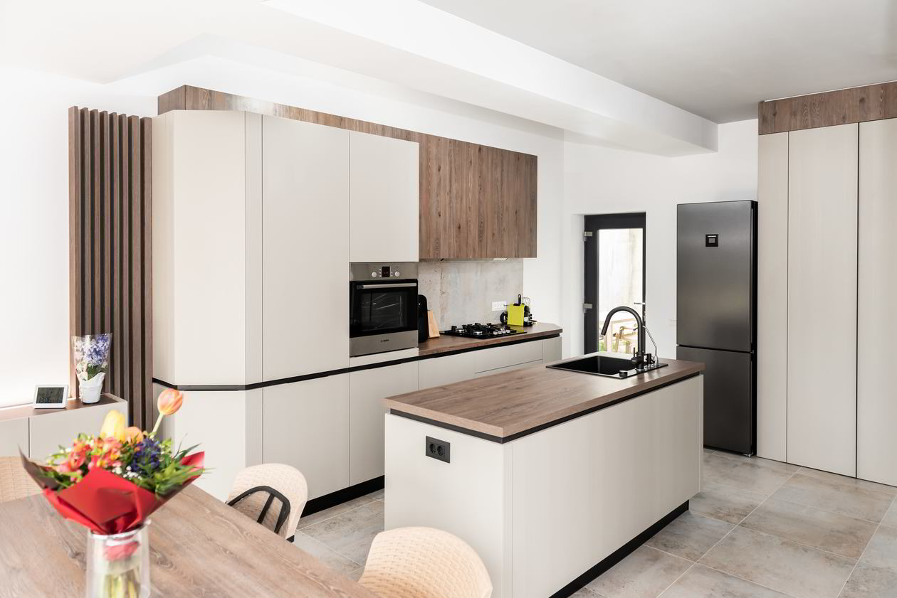 Mobila Bucatarie pe doi pereti, cu insula, cu zona Dining, L 350 Realizat 20 Octombrie 2023 COD ...