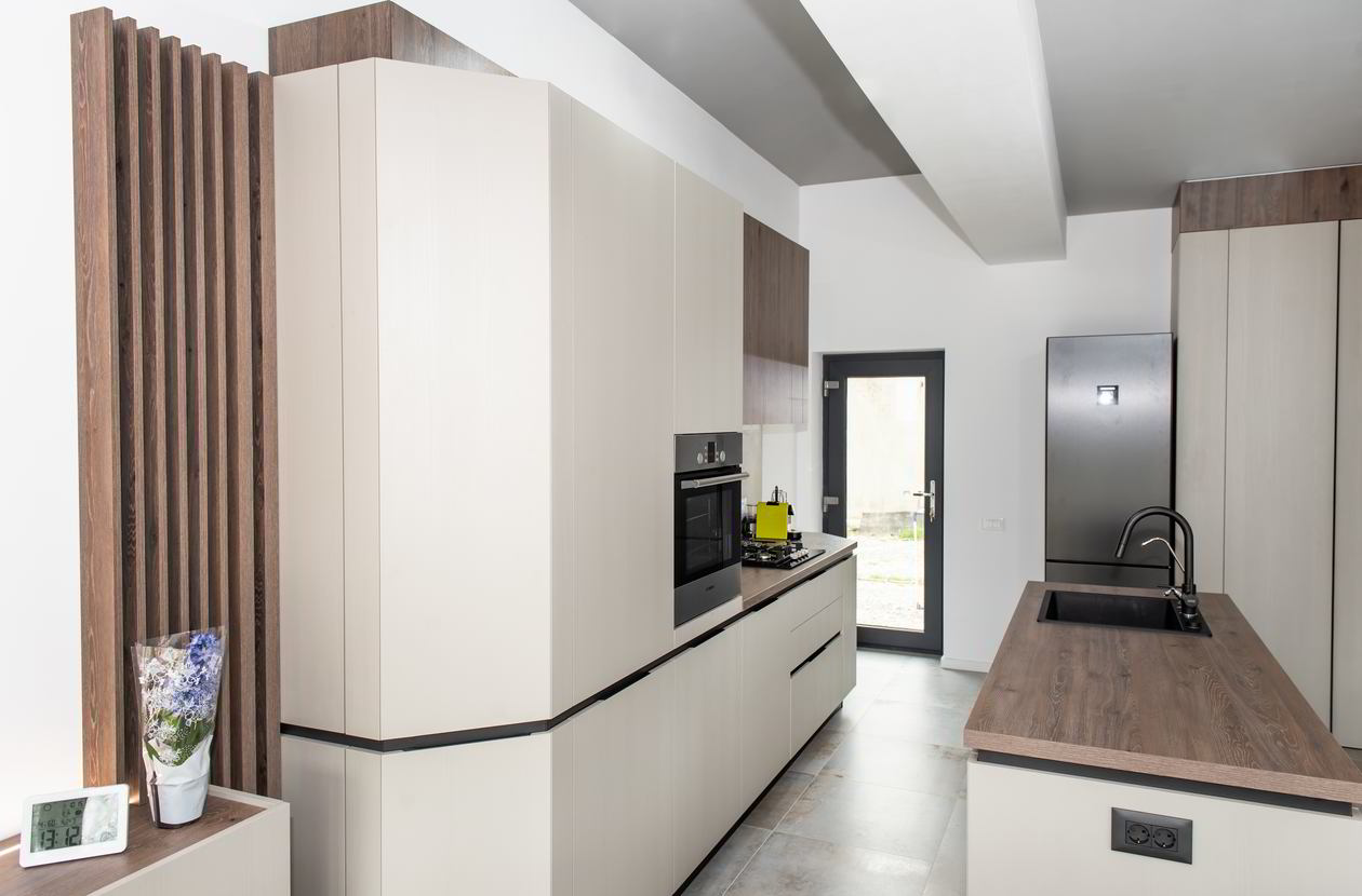 Mobila Bucatarie pe doi pereti, cu insula, cu zona Dining, L 350 ...